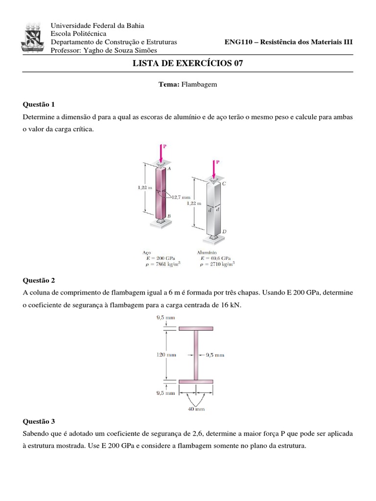 Lista de Exercícios 07 - Flambagem | PDF | Flambagem | Aço