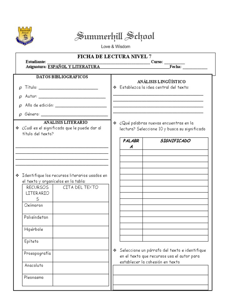 Ficha Literaria Nivel 7 Word | PDF