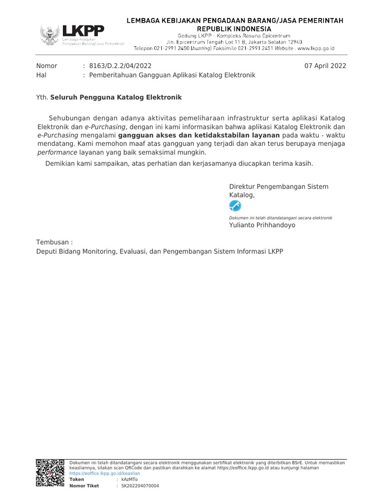 Surat Pemberitahuan Kendala Sistem E-Katalog | PDF