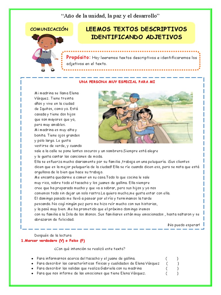 Ficha-Juev-Pl-Leemos Textos Descriptivos Identificando Adjetivos | PDF | Adjetivo