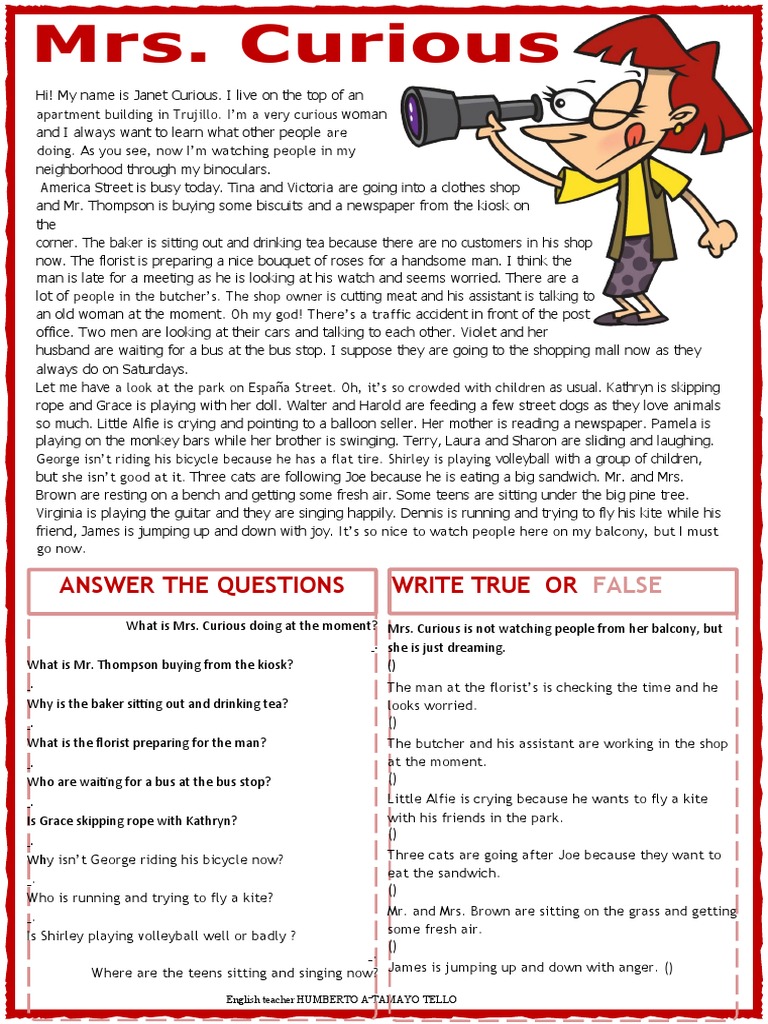 Present Continuous Tense Mrs Curious Esl Reading Comprehension ...