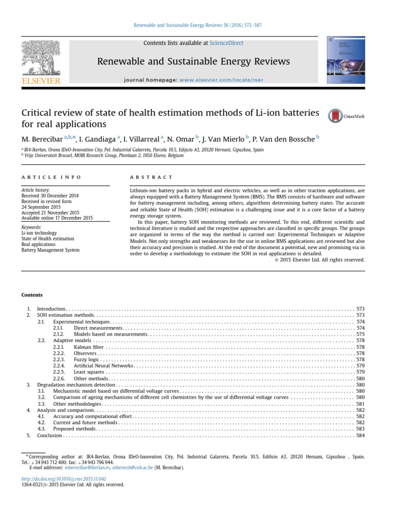 2016 Critical Review Of State Of Health Estimation Methods Of Li Ion Batteries For Real