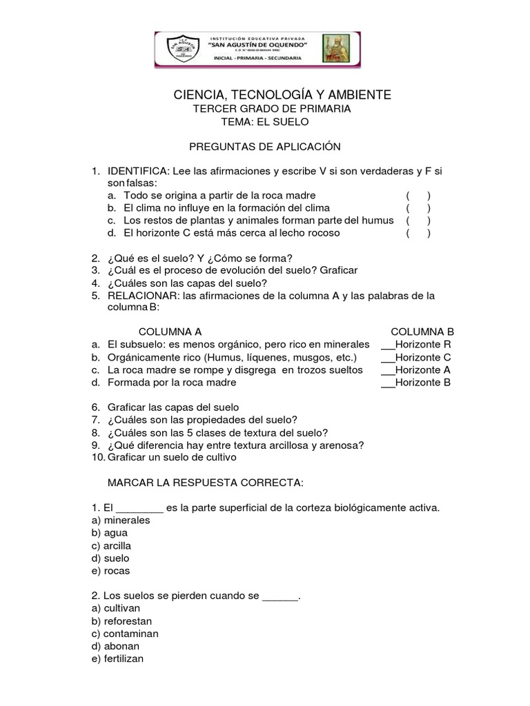 Examen sobre el Suelo para Tercer Grado | PDF | Suelo | Roca (geología)