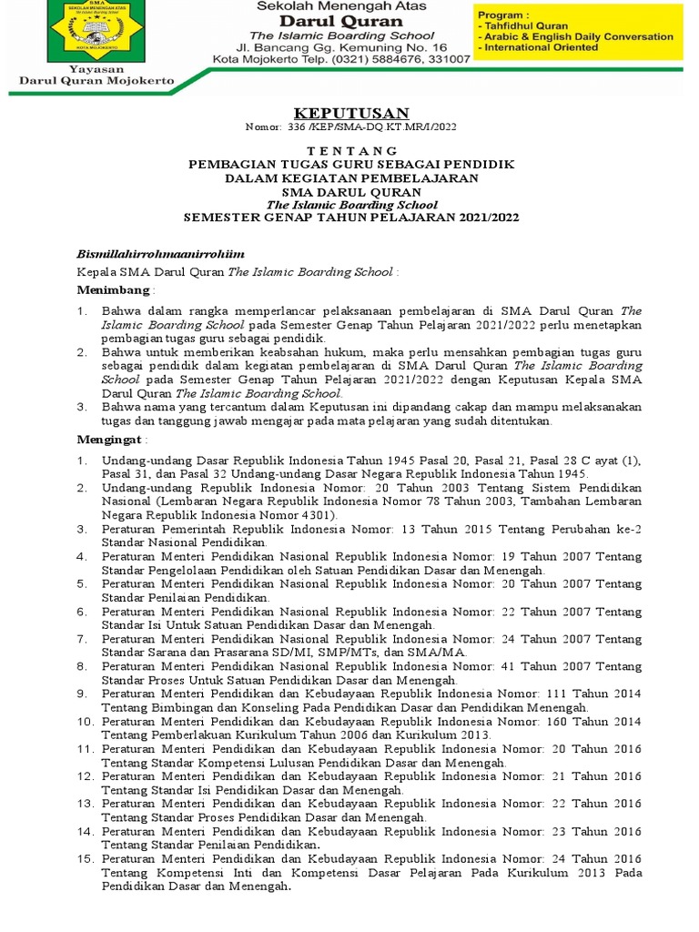 SK Pembagian Jam Genap 2022 Per Maret | PDF