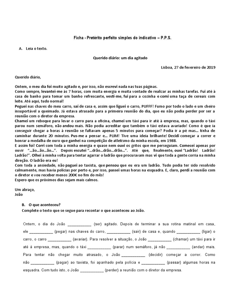 Pretérito Perfeito Simples Verbos Regulares E Irregulares Pdf