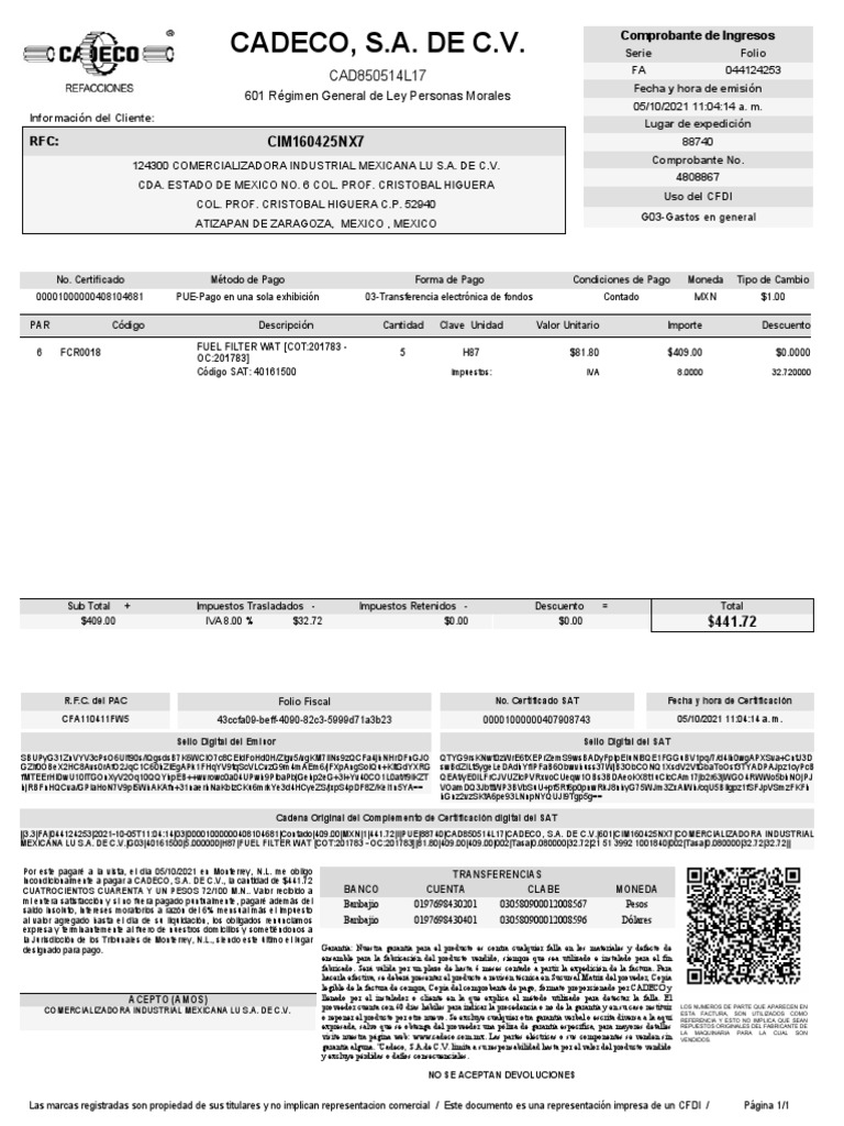Cfdi V33 Fa 4808867 | PDF