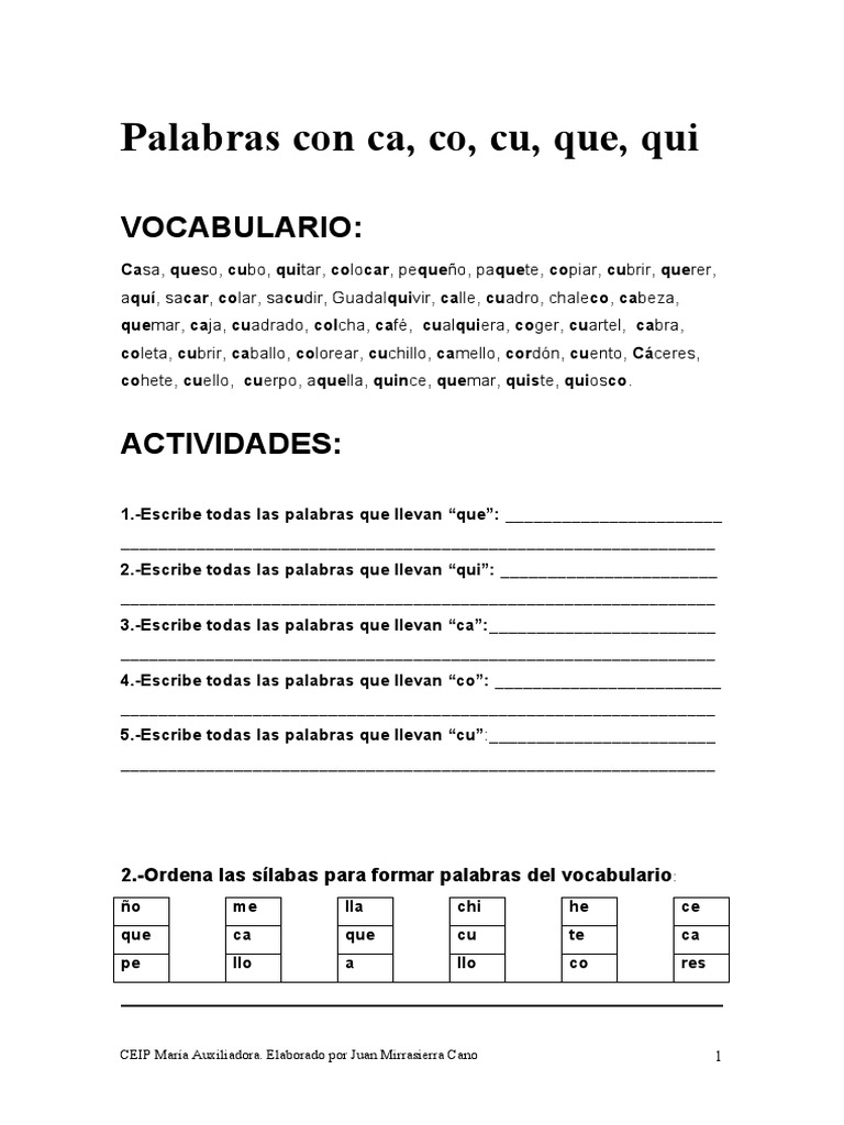 El Sonido de La K Palabras Con Ca Co Cu Que Qui | PDF