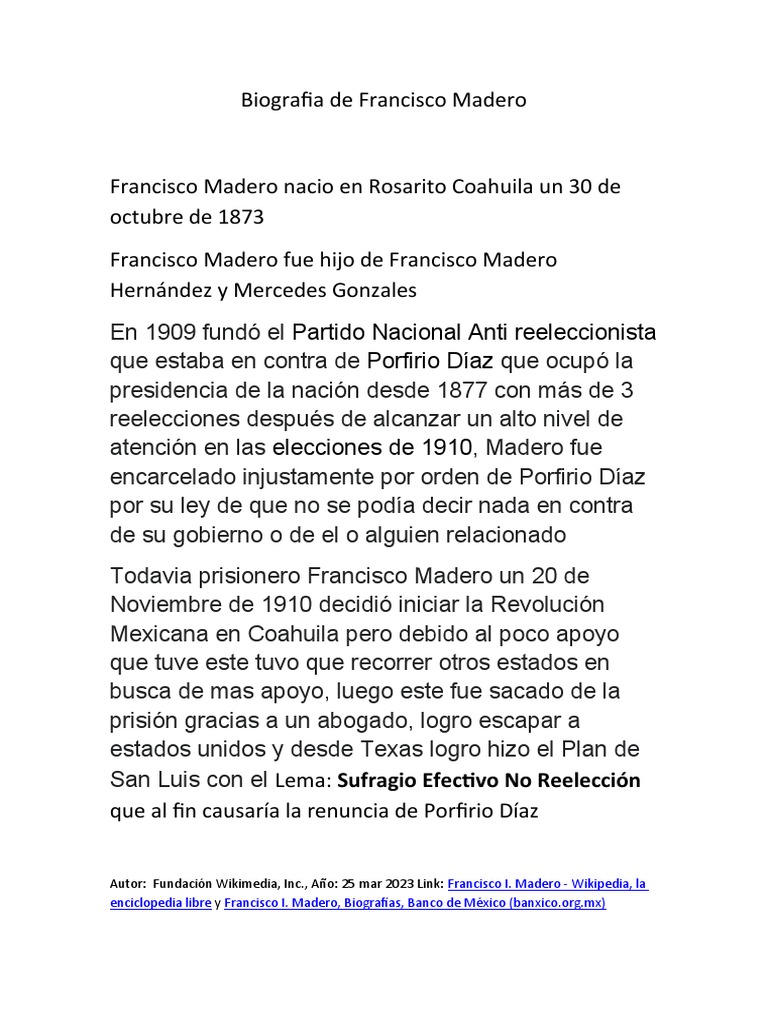 Biografía breve de Francisco I. Madero | PDF | Ciencias sociales | Historia