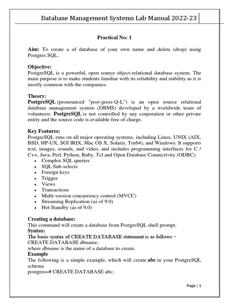 Final Lab Manual DBMS 2023 | PDF | Postgre Sql | Sql