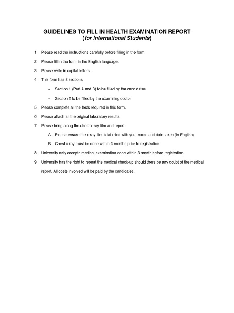 Form G Health Examination Report International Student | PDF