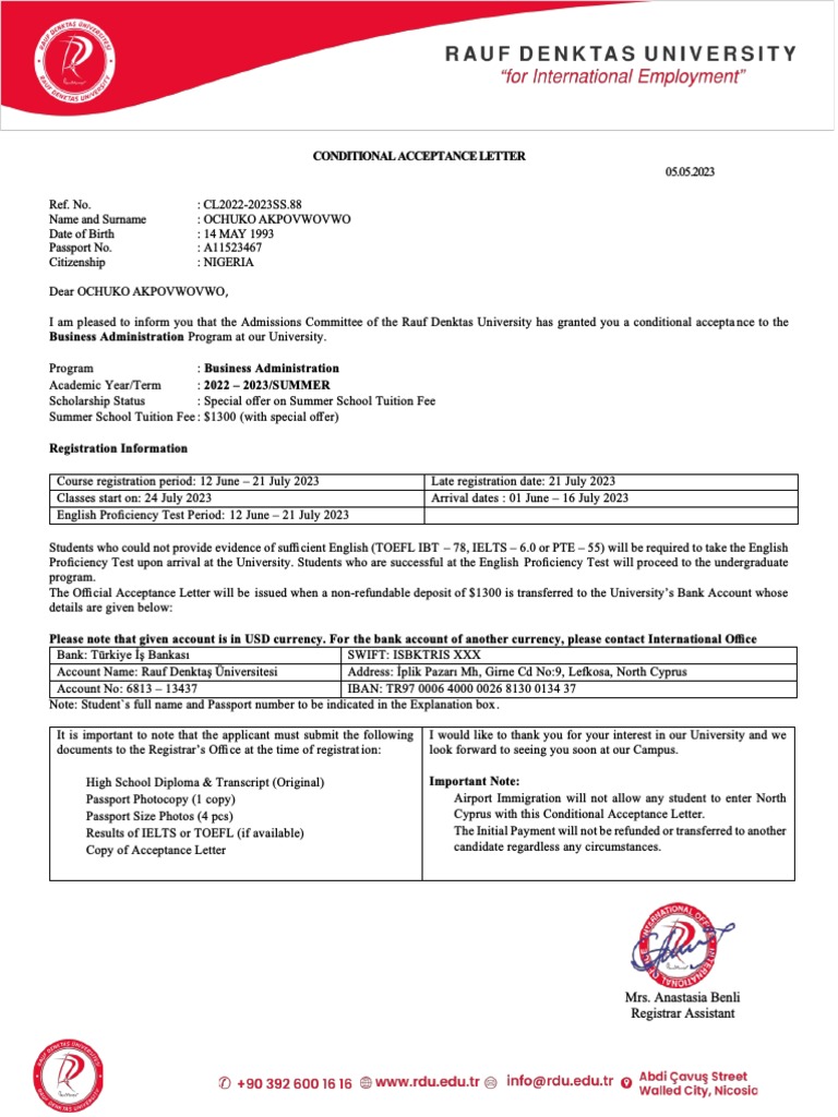 Conditional Letter - Ochuko Akpovwovwo-1 | PDF | International English ...