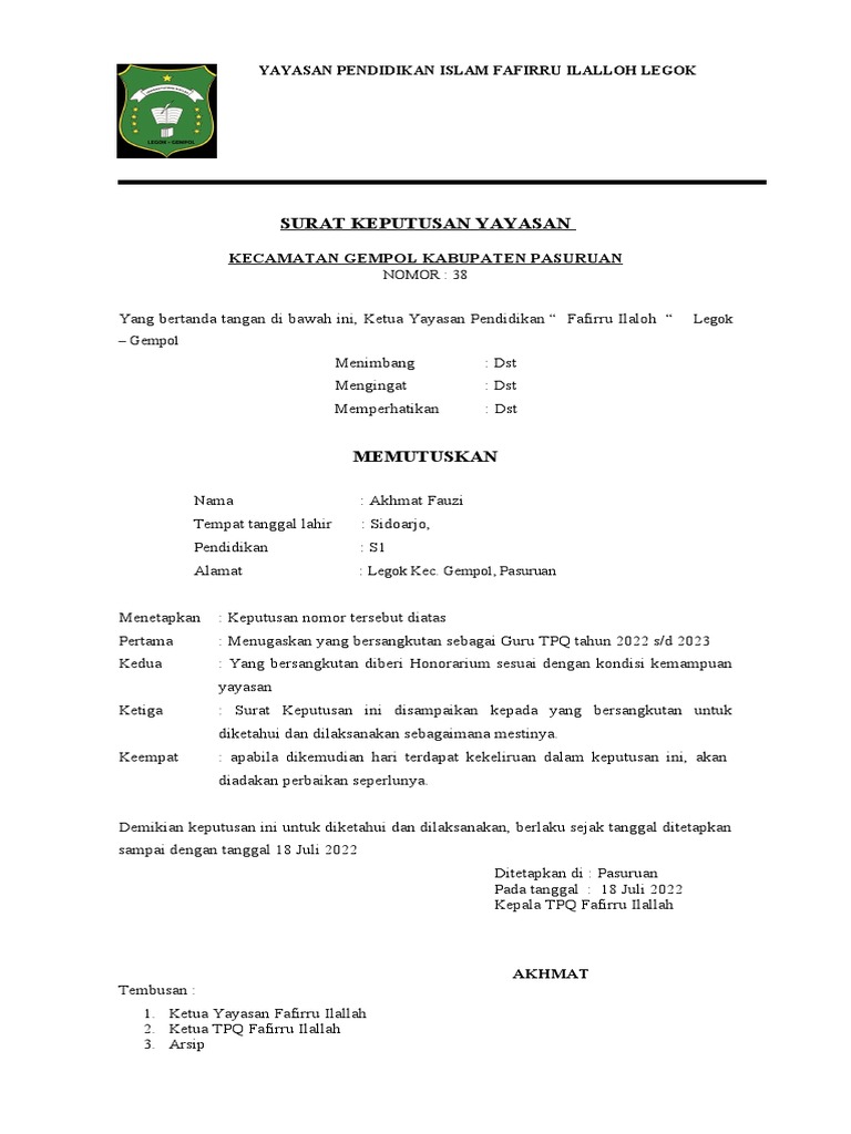 Contoh SK Kepala TPQ | PDF