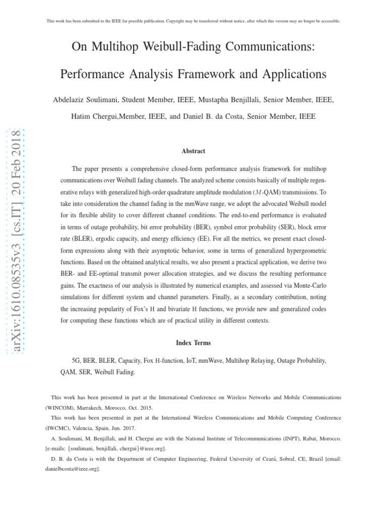 On Multihop Weibull-Fading Communications: Performance Analysis Framework and Applications | PDF