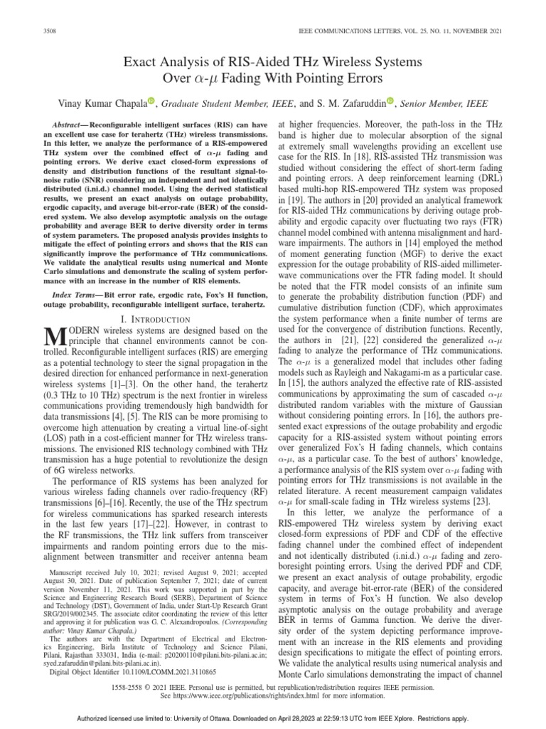 Exact Analysis of RIS-Aided THZ Wireless Systems Over - Fading With Pointing Errors | PDF