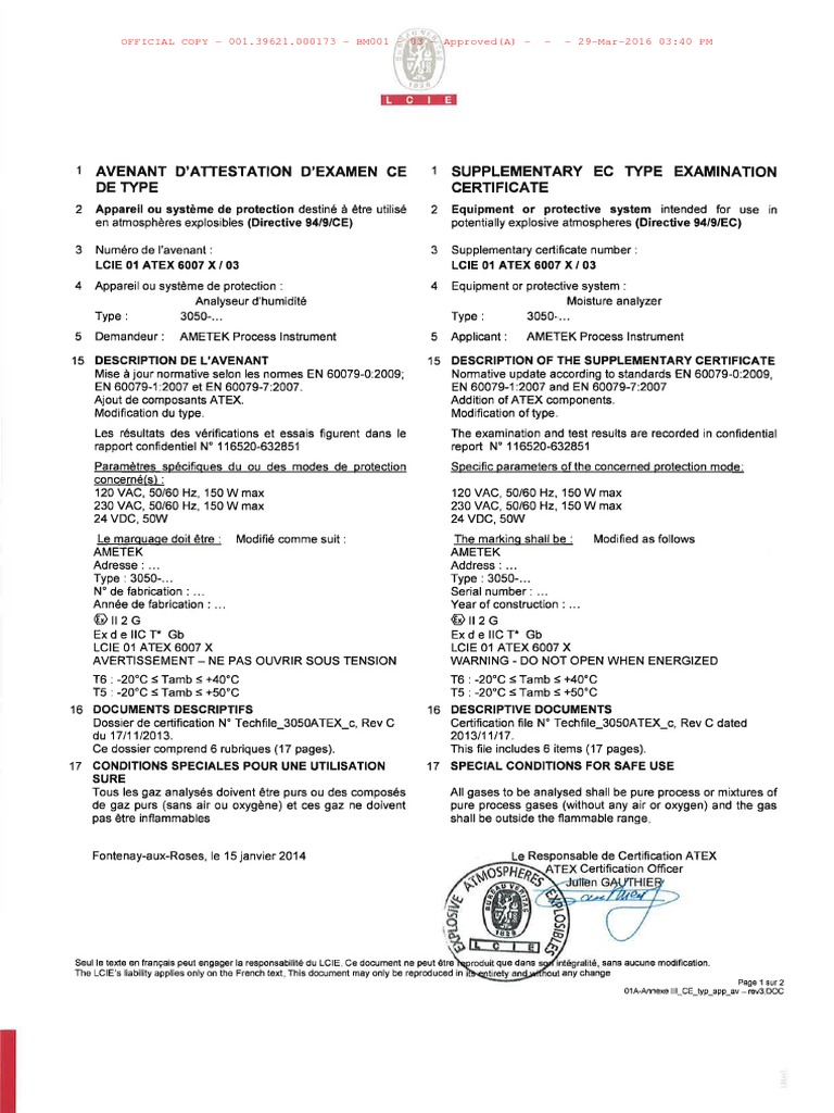 Lcie 01 Atex 6007X | PDF