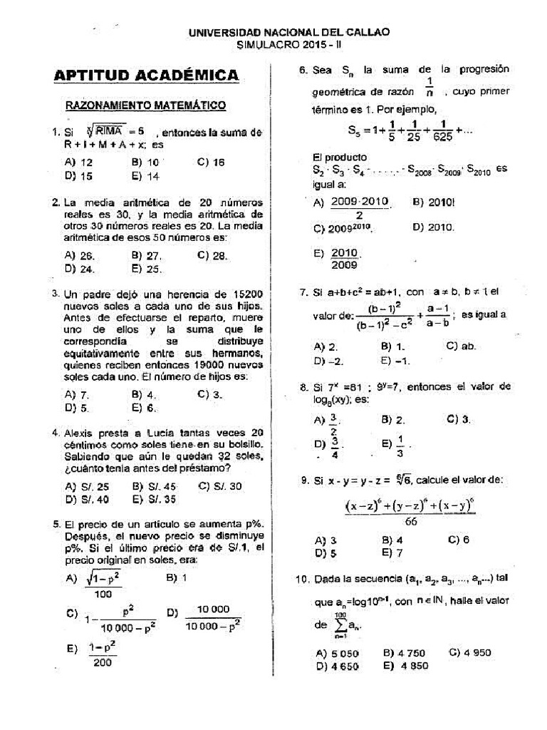 Simulacro UNAC (RM) 2015-II | PDF
