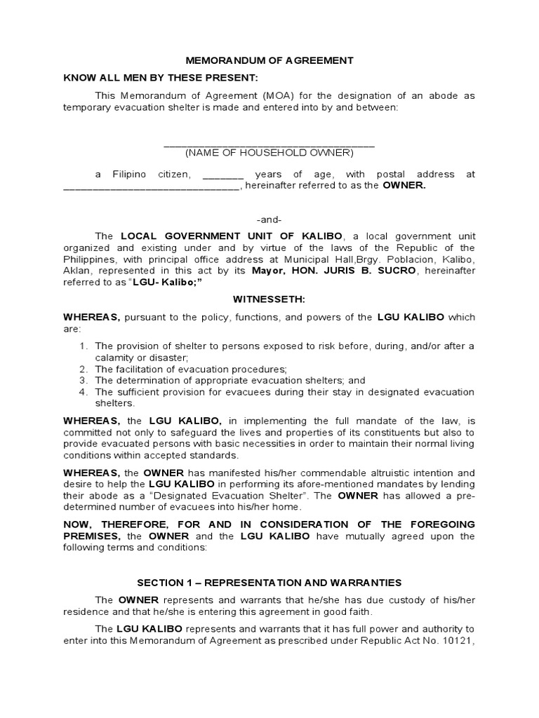 Memorandum of Agreement Evacuation Barangay Revised | PDF | Emergency ...