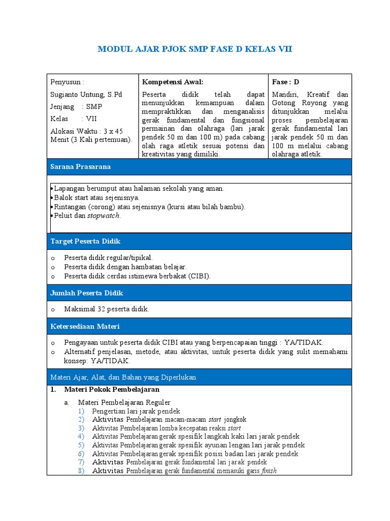 Modul Ajar Atletik Lari Jarak Pendek Kls 7 SMT 1 | PDF