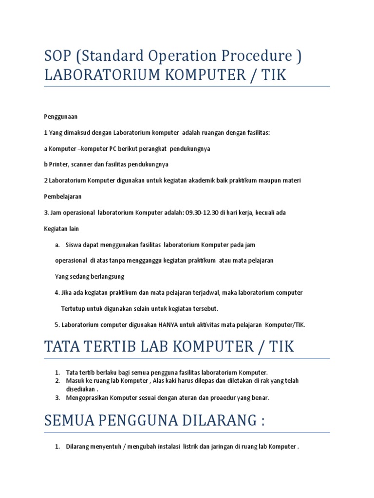SOP (Standard Operation Procedure) Laboratorium Komputer / Tik | PDF