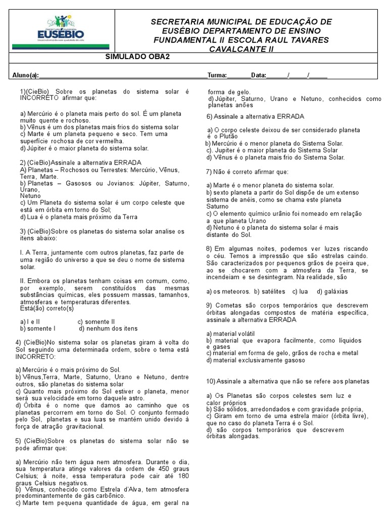 Simulado Oba 3 | PDF | Planetas | Sistema Solar