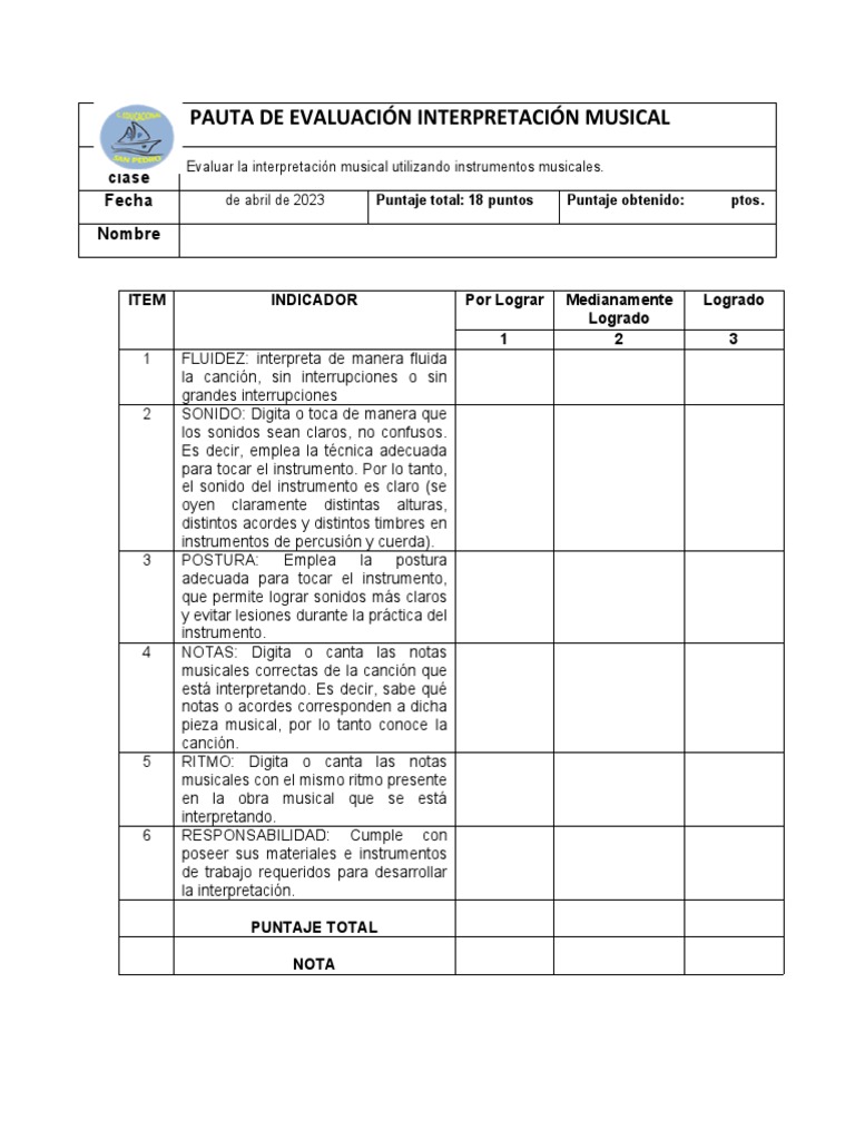 Pauta de Evaluación Interpretación Musical Con Instrumentos Musicales | PDF Pauta de Evaluación Interpretación Musical Con Instrumentos Musicales | PDF