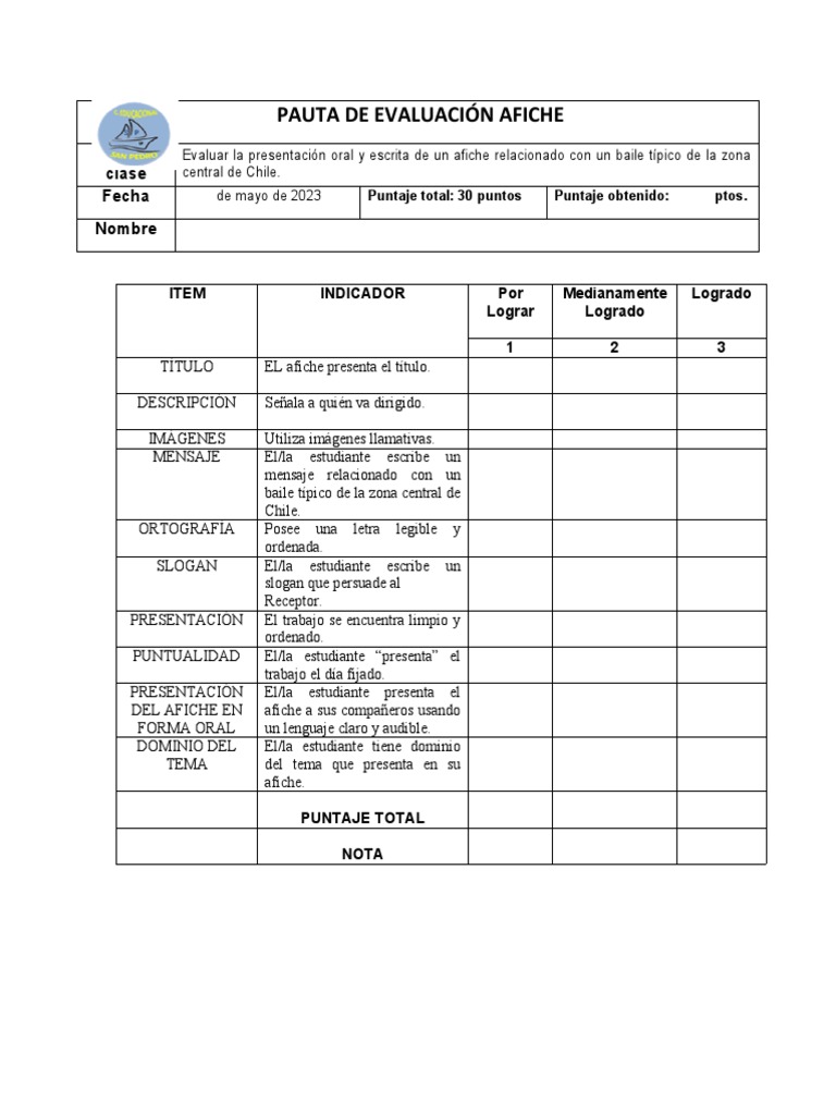 Pauta de Evaluación Afiche 4° | PDF