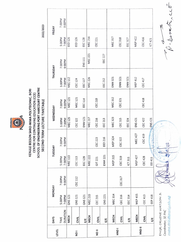 Second Term Lecture Timetable | PDF