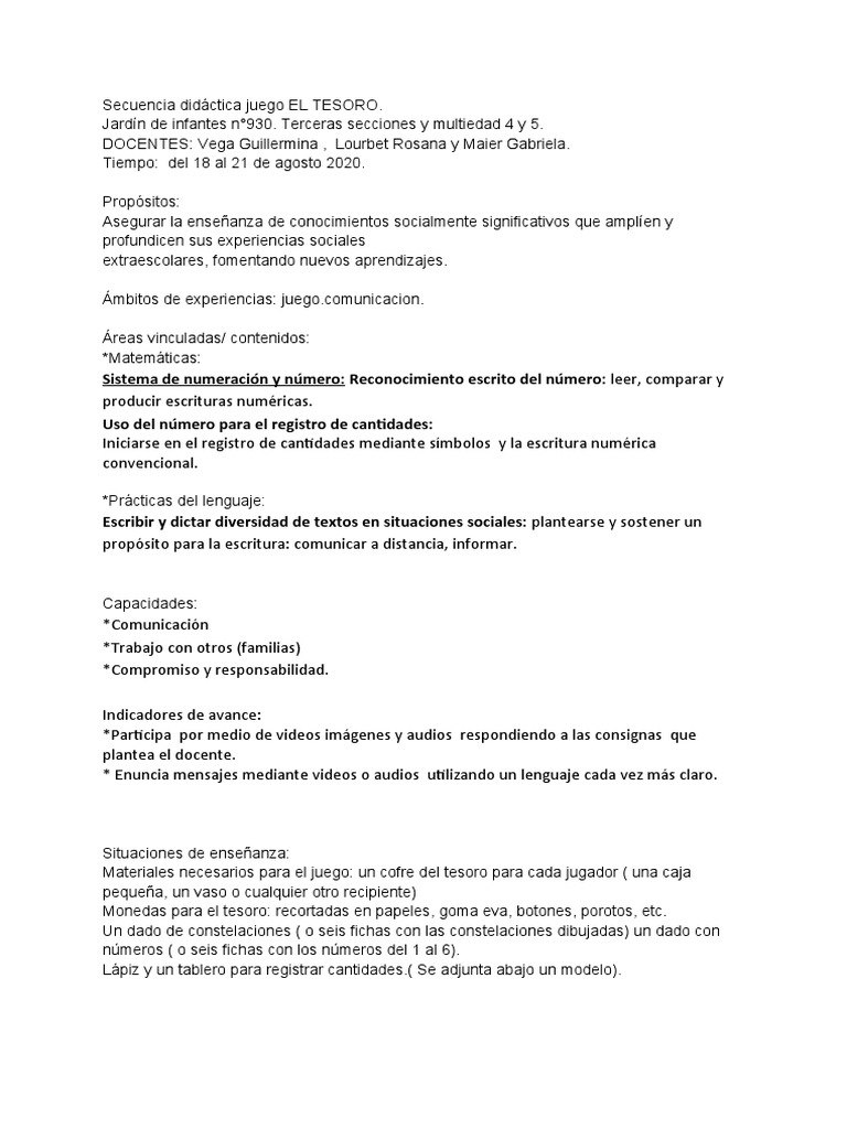 Secuencia Didáctica: Juego El Tesoro | PDF | Enseñando