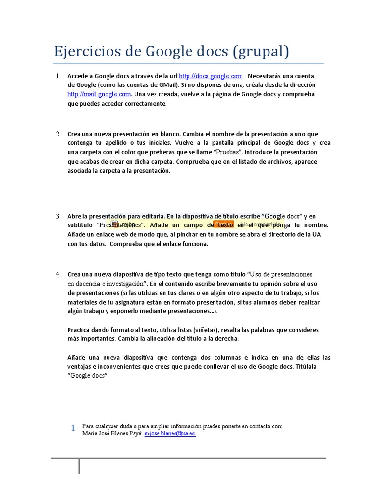 Ejercicios en Google Docs 2014 | PDF