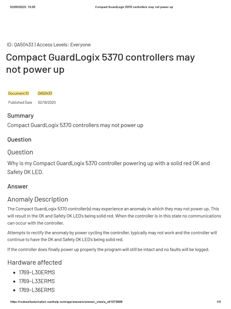 Compact GuardLogix 5370 Controllers May Not Power Up | PDF | Implied ...