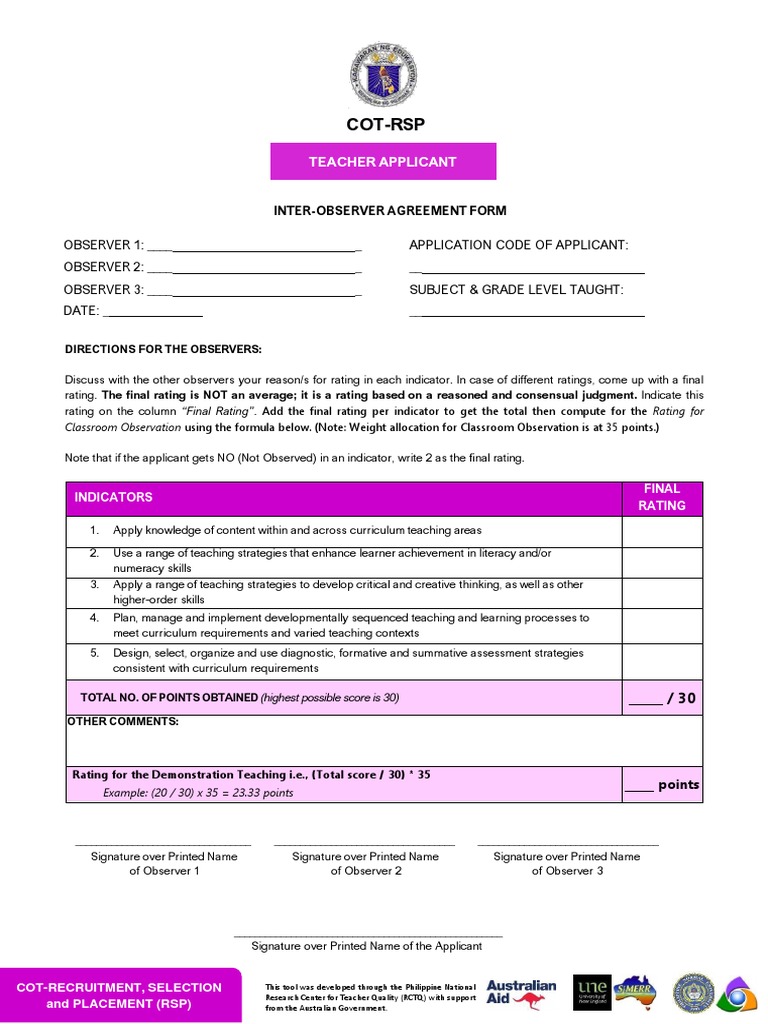 Annex M - COT-RSP Inter-Observer Agreement Form | PDF | Curriculum | Educational Assessment
