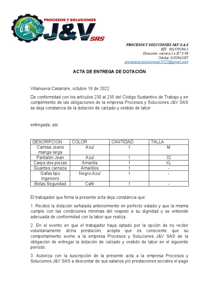 Acta de Entrega de Dotación | PDF