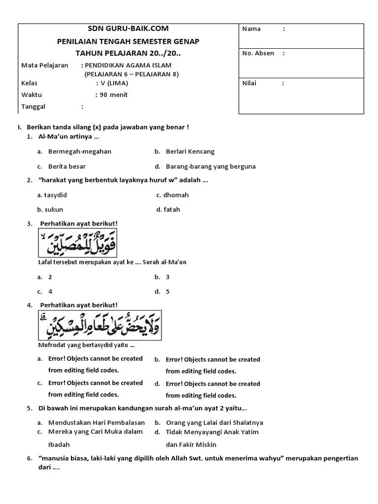 Soal PTS PAI Kelas 5 Genap K13 | PDF