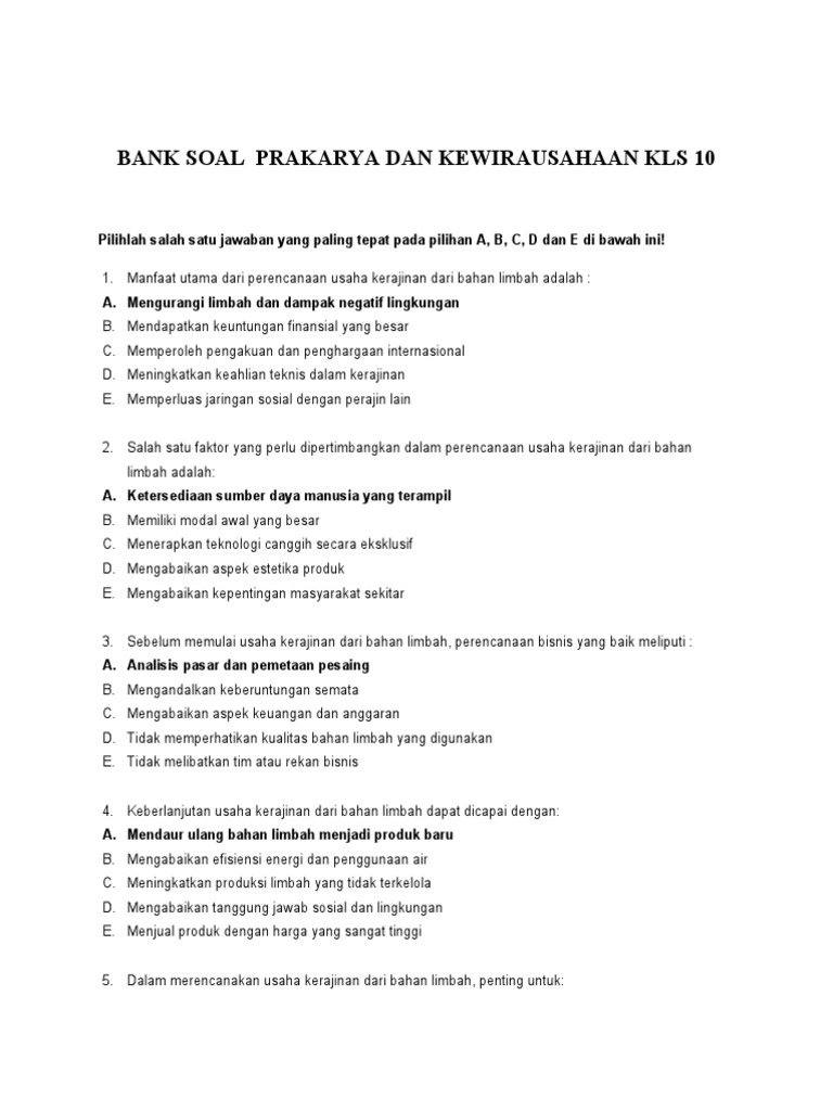 Bank Soal Pat Genap Pkwu Kelas X | PDF