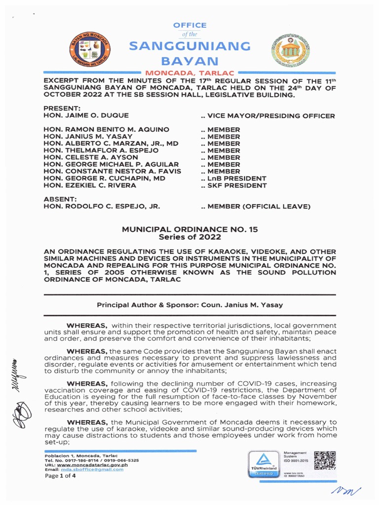 Municipal Ordinance No. 15 S. 2022 Videoke Ordinance 2022 | PDF ...