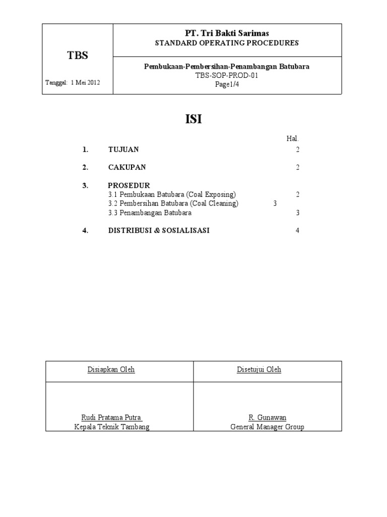 Sop 01 Penambangan Batubara TBS | PDF