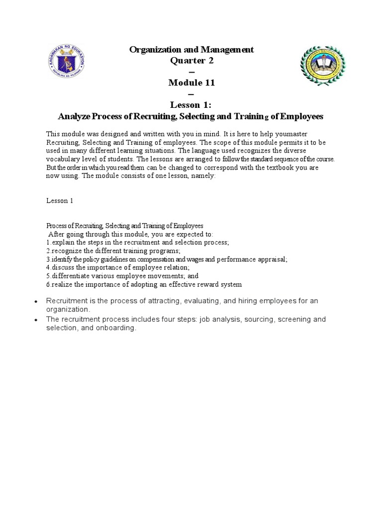 Q2 LAS Organization & Mgt. 11 Week 10 MELC 11 | PDF | Performance Appraisal | Recruitment