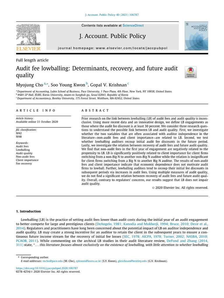 Audit Fee Lowballing Determinants Recovery And Future Audit Quality Download Free Pdf