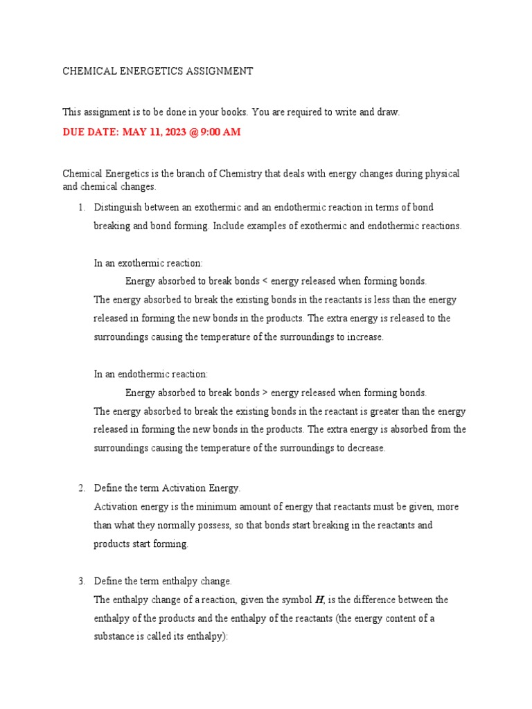 Chemical Energetics Assignment | PDF | Enthalpy | Chemical Reactions