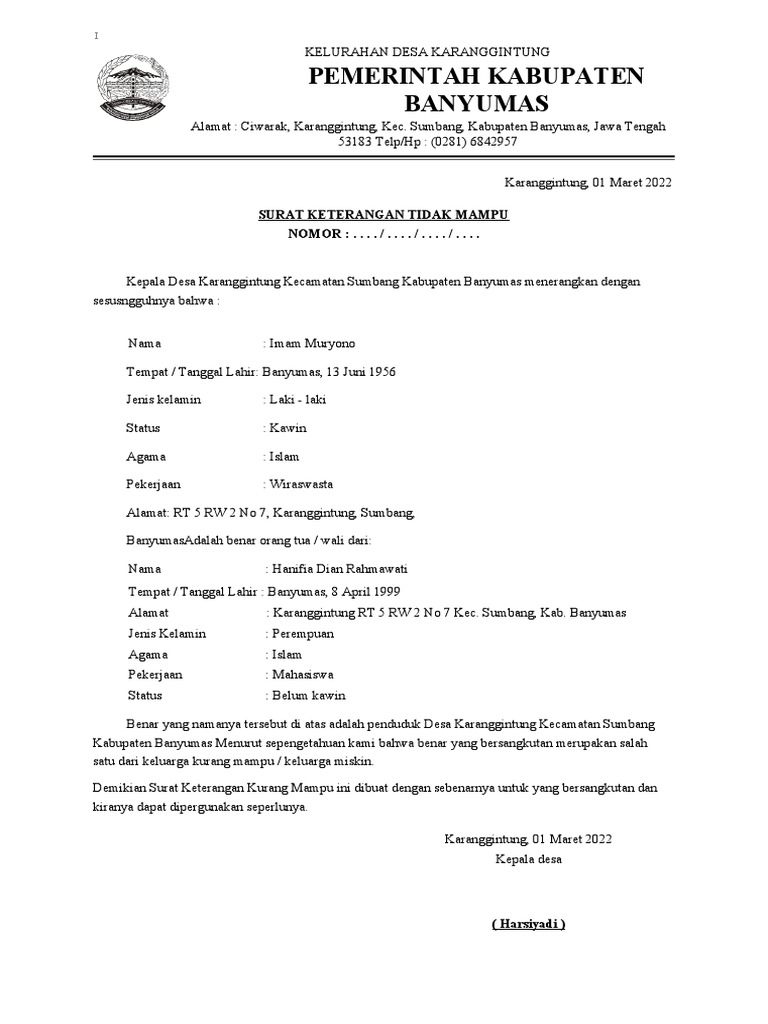 Surat Keterangan Tidak Mampu Sktm Pdf