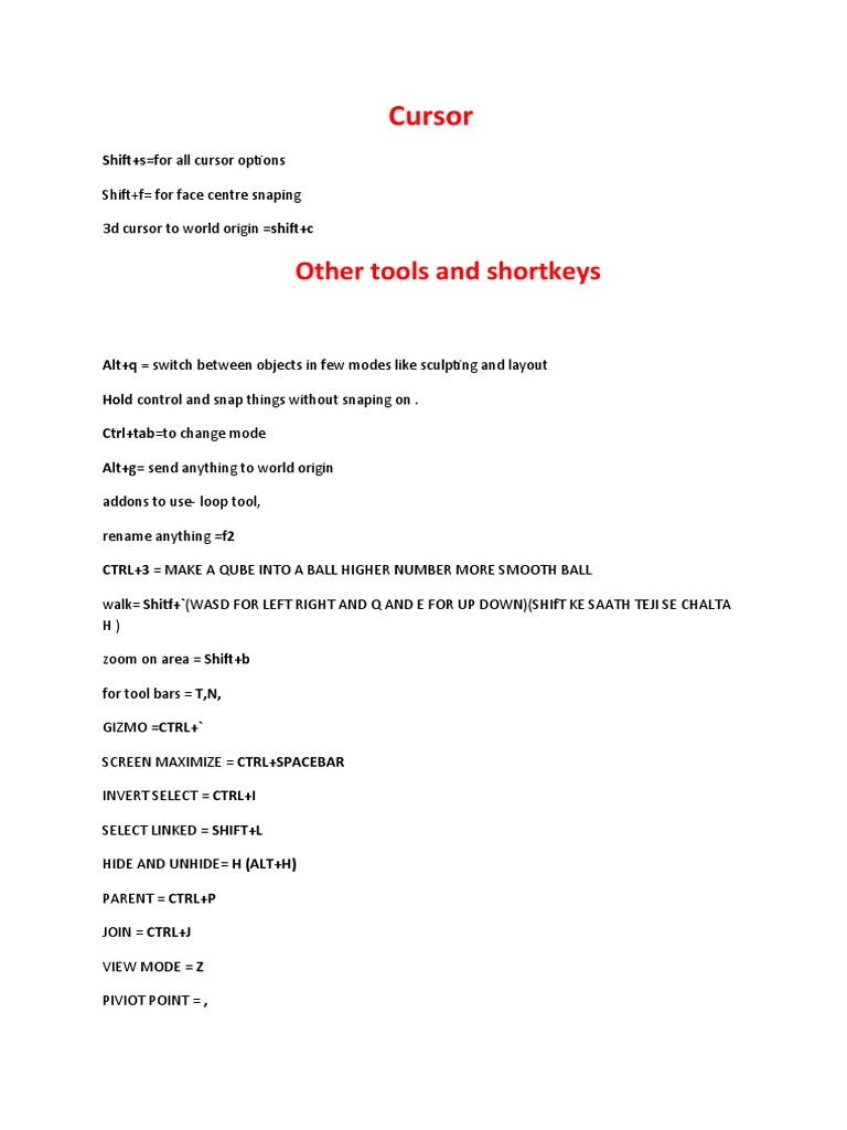Blender Shortkeys | PDF | Texture Mapping | Cursor (User Interface)