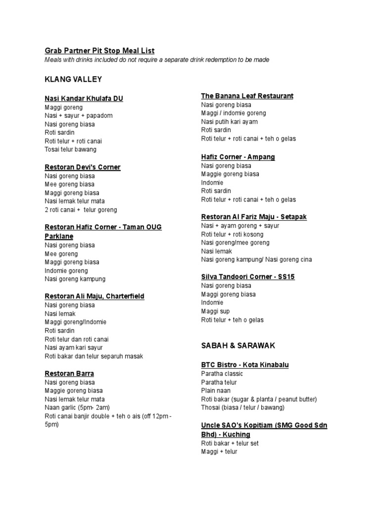 Grab Partner Meal List by Region | PDF | Cuisine | Foods