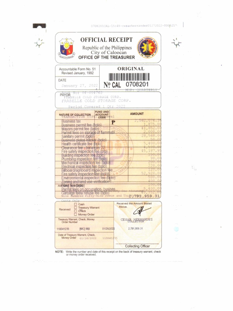 1st QTR 2022 - O.R. No. 0708201 - FCSC Business Permit (Cold Storage) | PDF