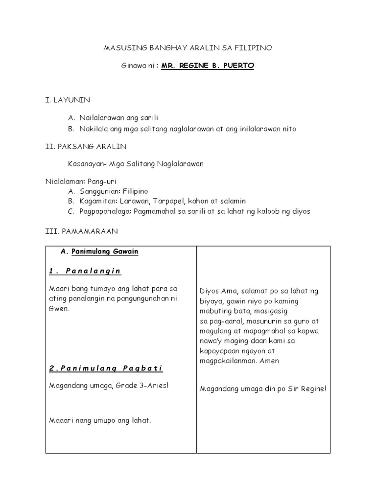 MASUSING BANGHAY ARALIN SA FILIPINO | PDF