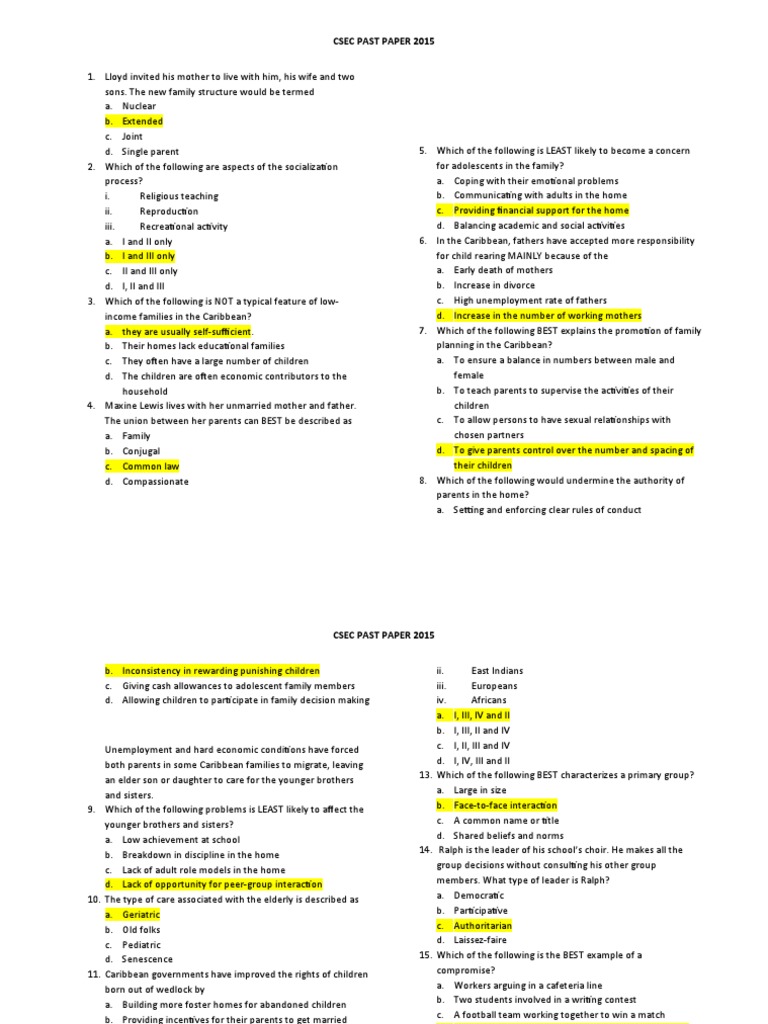 Csec Past Paper 2015 Rushi | PDF | Family | Birth Rate