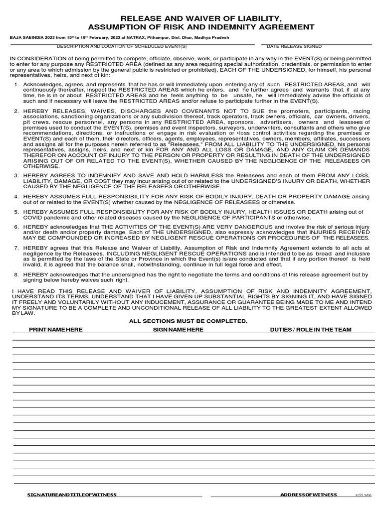Indemnity Bond-Format-BAJA SAEINDIA 2023 | PDF | Indemnity | Business Law