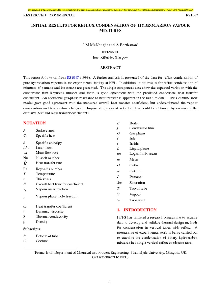 RS1067 - Initial Results for Reflux Condensation of Hydrocarbon Vapour ...