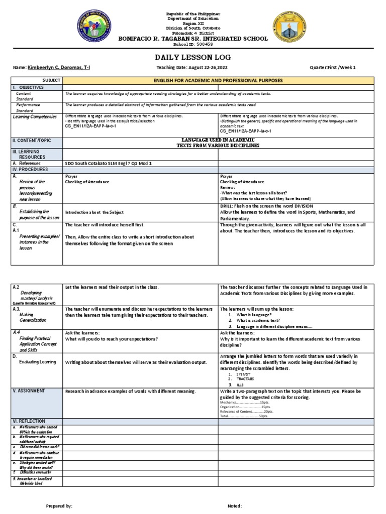 Melc Based Eapp DLP Q1 Week 1-2 | PDF | Learning | Teachers