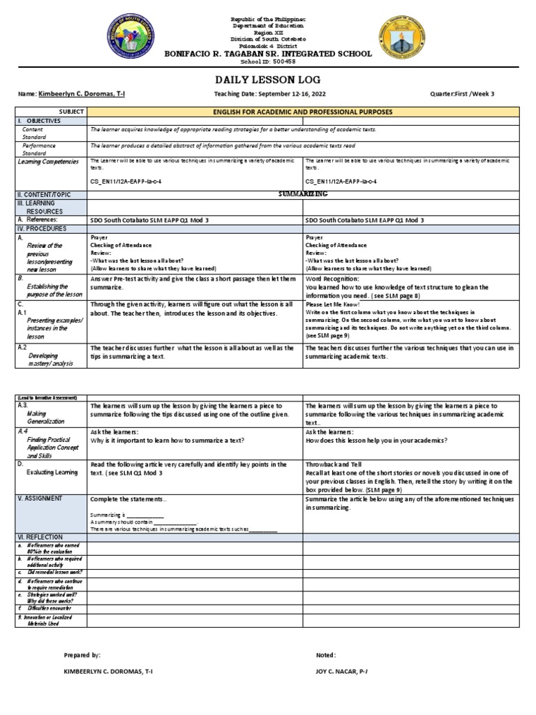 MELC BASED EAPP DLP Q1 WEEK 3 | PDF | Learning | Teaching