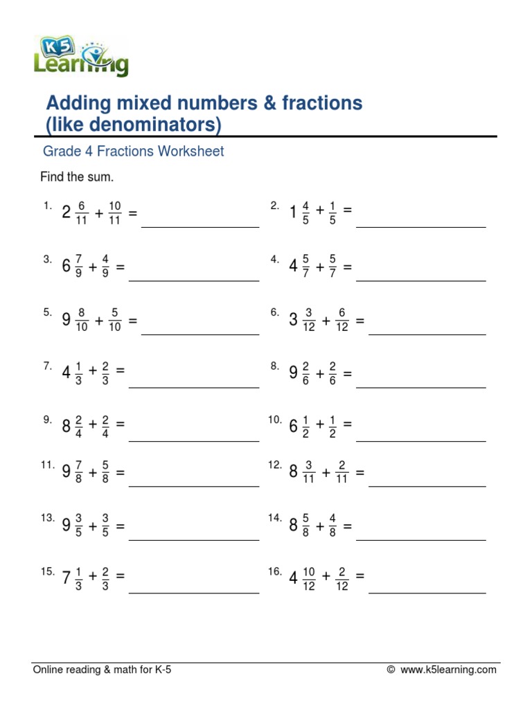 Adding Mixed Numbers Worksheet Grade 4 | PDF